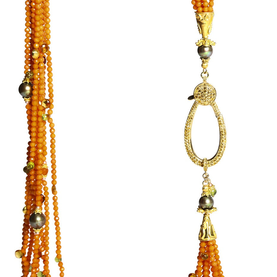 Long Multi-Strand Faceted Coral Necklace with Citrine, Peridot, Carnel ...