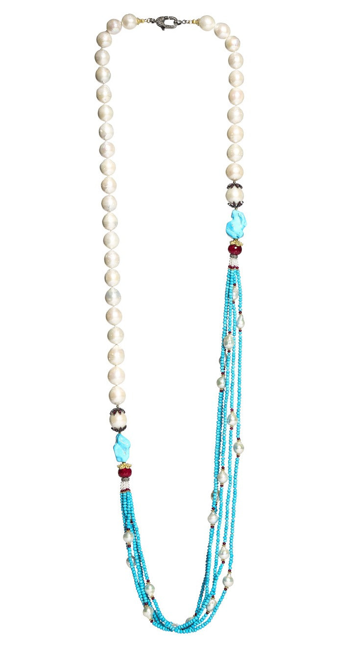 Necklace With Turquoise, Akoya Pearl, Ruby and Diamonds Accents – DIDAJ